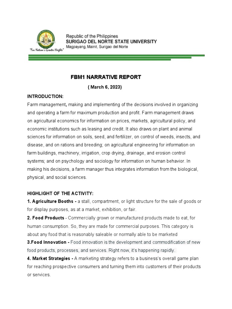 FBM1 Narrative Report | PDF | Agriculture | Farms