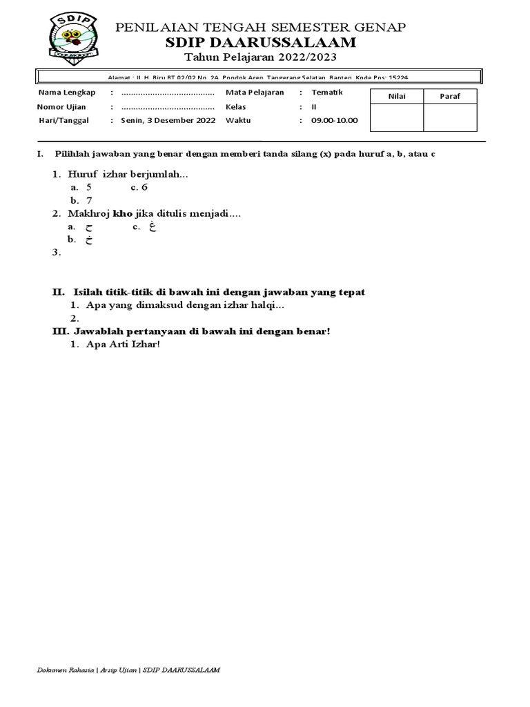 Kop PTS Genap Kelas Bawah | PDF | Metode & Bahan Ajar | Seni