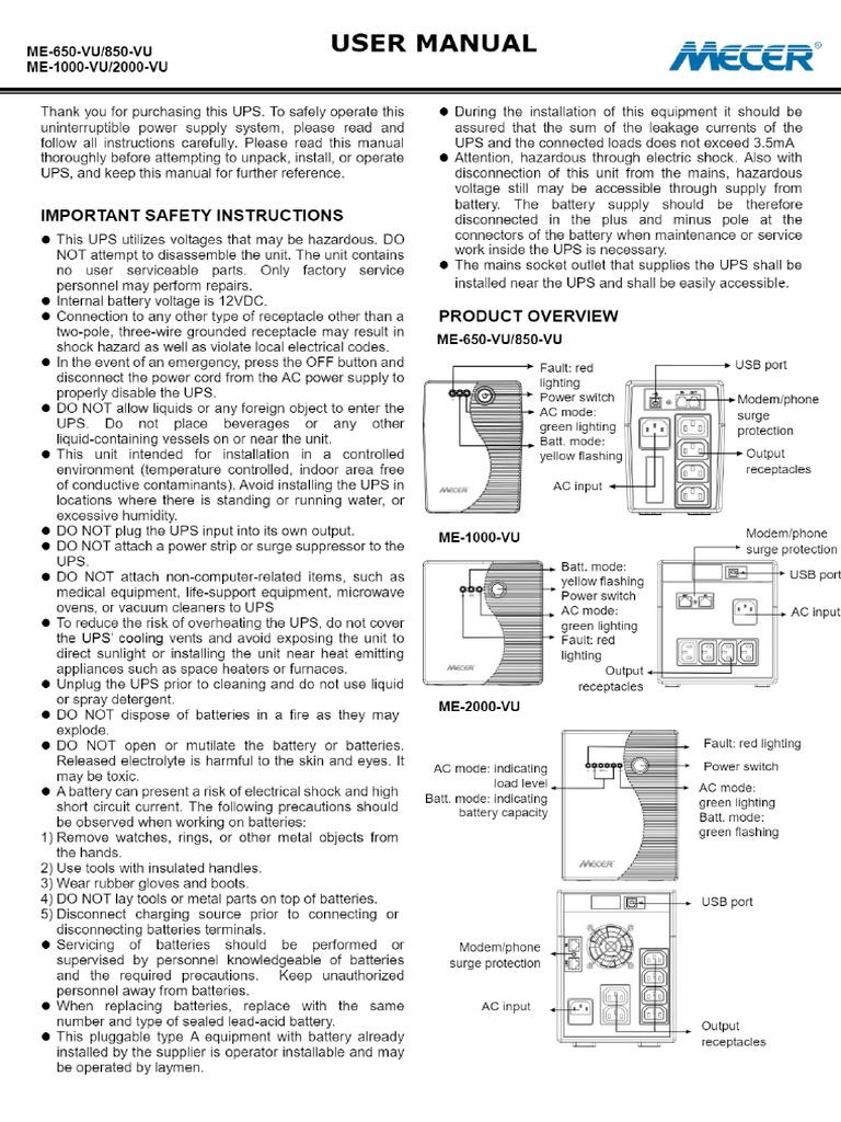 Mecer 850-VU User Manual - Manualzz | PDF