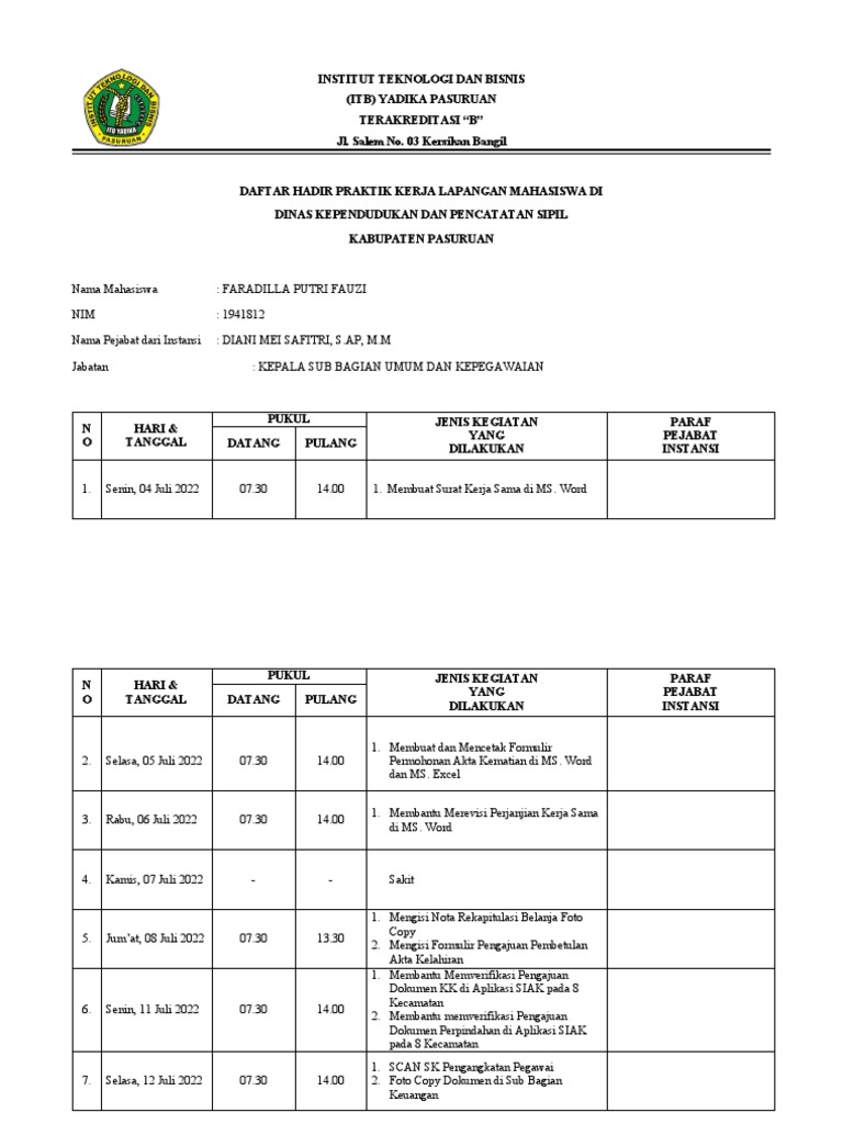 DAFTAR HADIR Pkl Putri | PDF