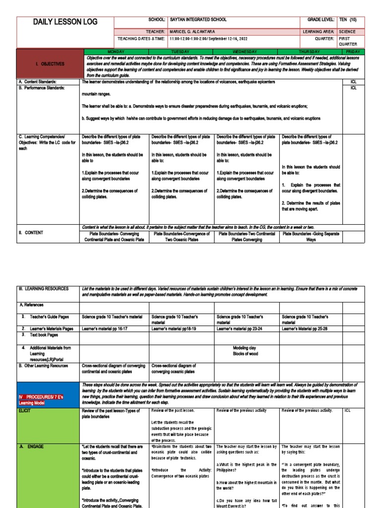 DAILY LESSON LOG Science 10 Week 4 | PDF | Plate Tectonics | Learning
