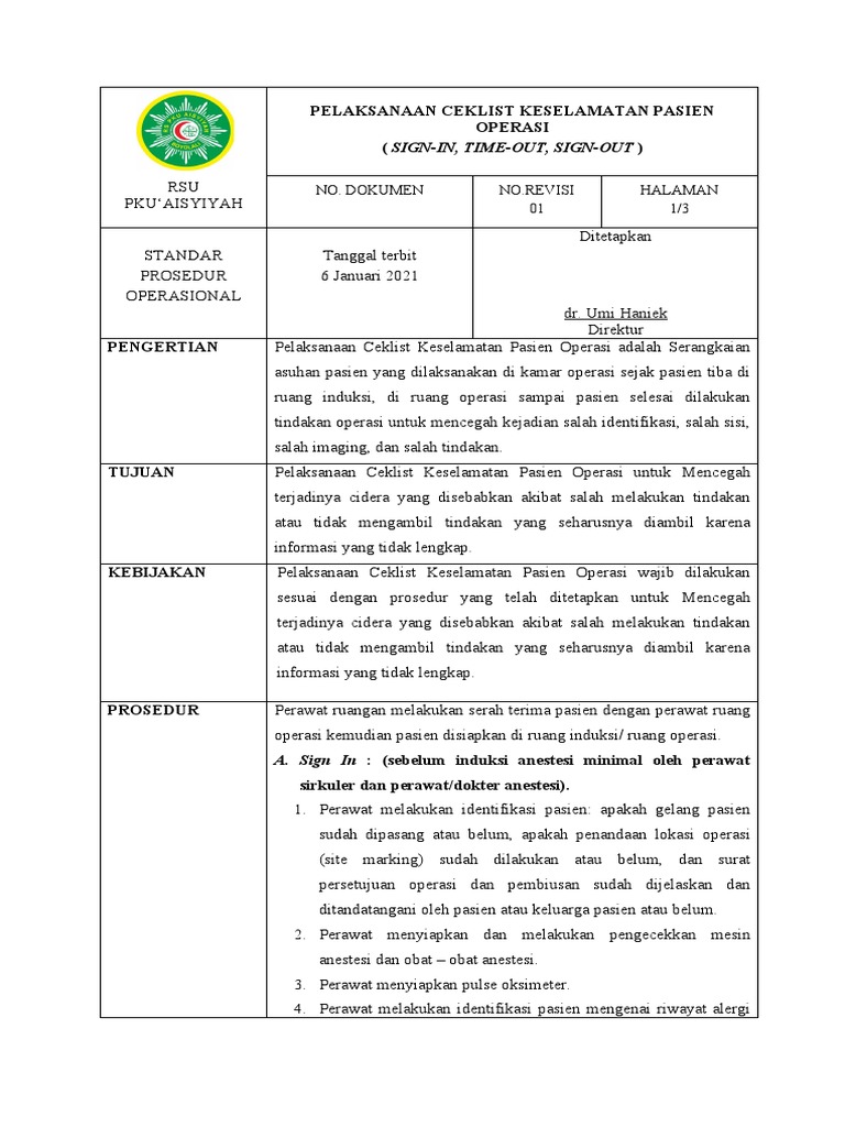 04 SPO Pelaksanaan Sig In, Time Out, Sign Out | PDF