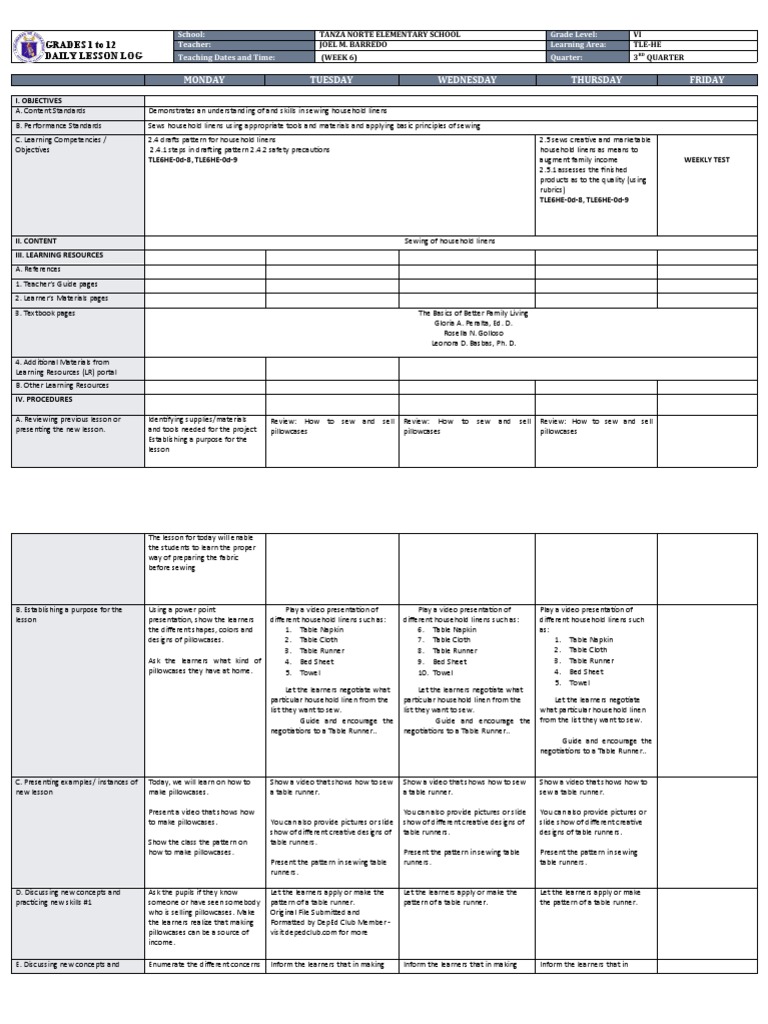 DLL - Tle-He 6 - Q3 - W6 | PDF | Learning | Sewing