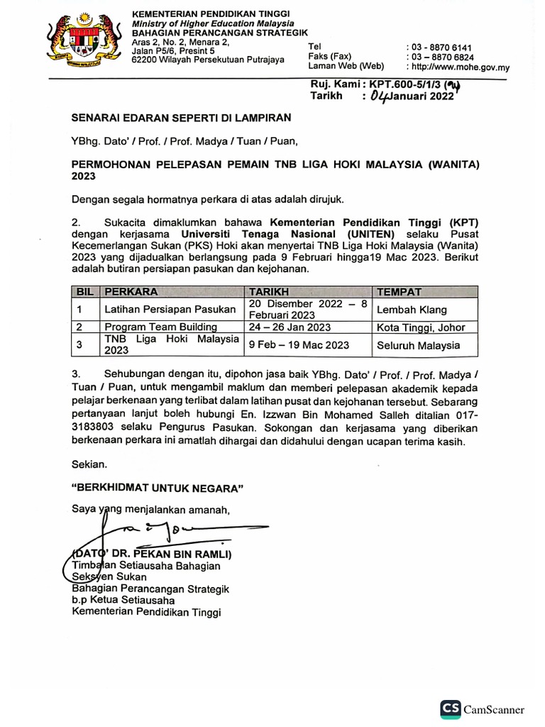Surat Permohonan Pelepasa TNBMHL 2023 - KPT | PDF