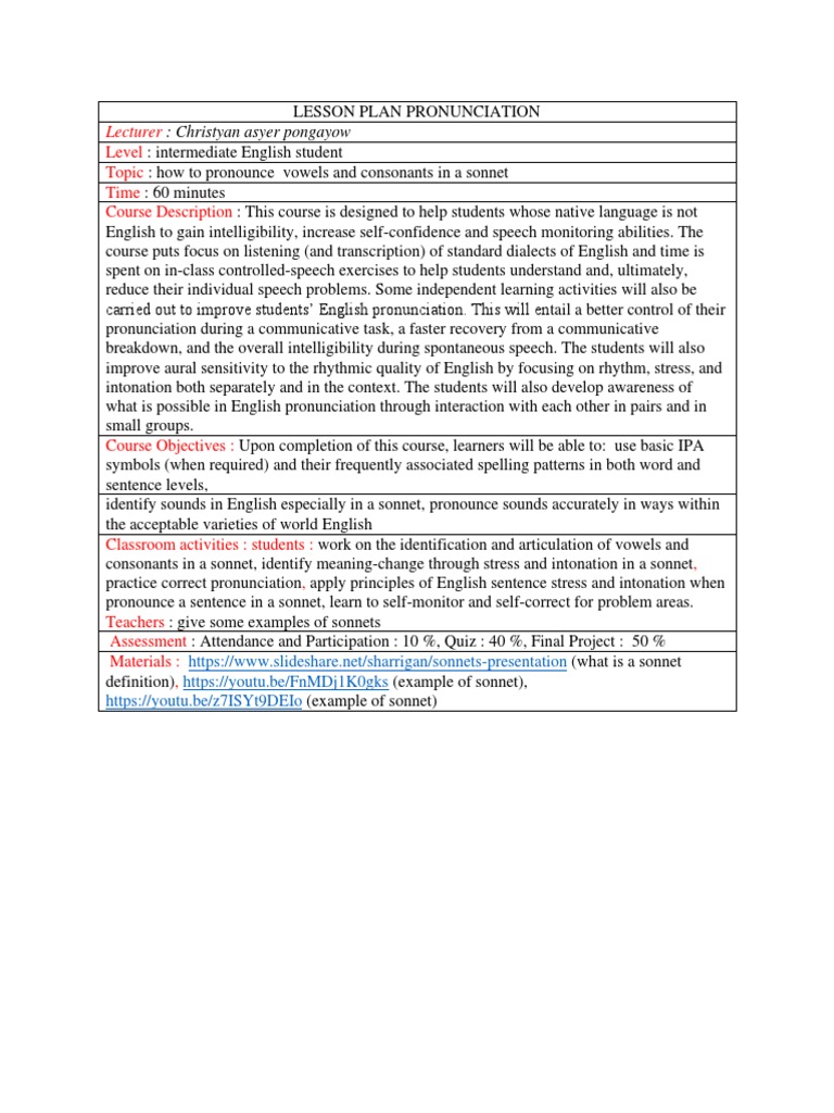 Lesson Plan Pronunciation | PDF | English Language | Lesson Plan