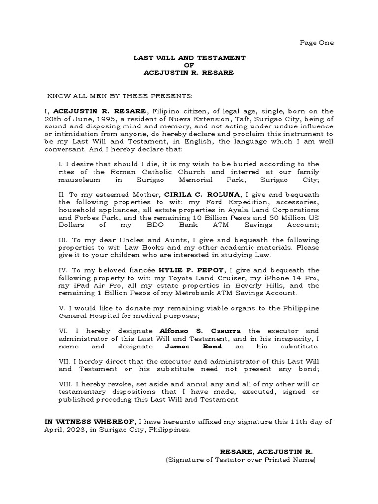 Last Will and Testament Sample | PDF | Will And Testament | Legal Documents