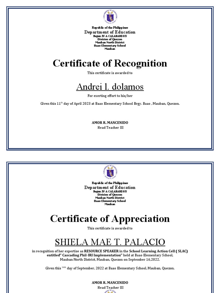Certificate of Recognition Awarded to Andrei L. Dolamos by Baao ...