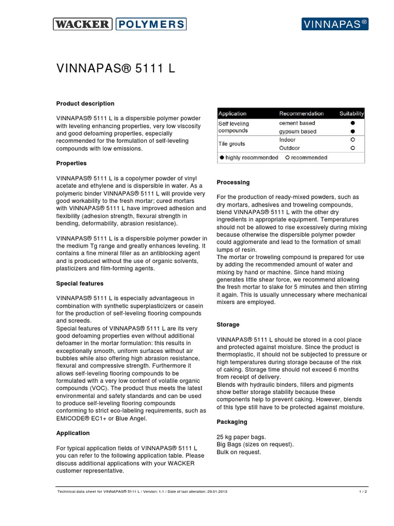 Vinnapas 5111 L Pds | Download Free PDF | Polymers | Mortar (Masonry)