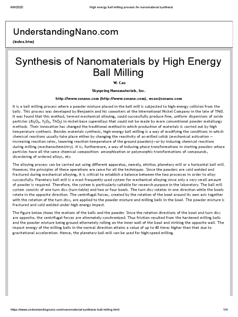 High Energy Ball Milling Process For Nanomaterial Synthesis | PDF | Mill (Grinding) | Nanomaterials