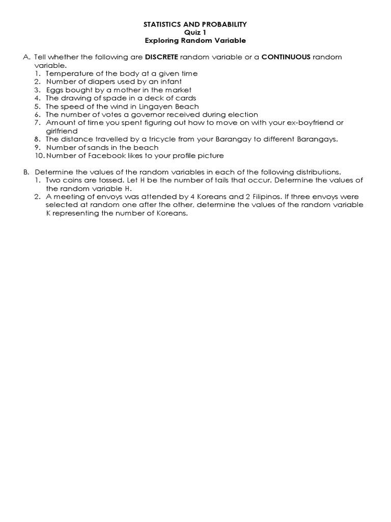 Statistics and Probability Quiz 1 Exploring Random Variable | PDF ...