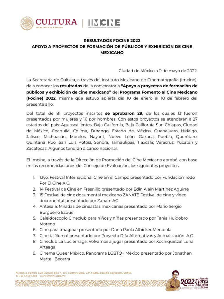 Apoyo A Proyectos de Formacion de Publicos y Exhibicion de Cine Mexicano | PDF | México ...