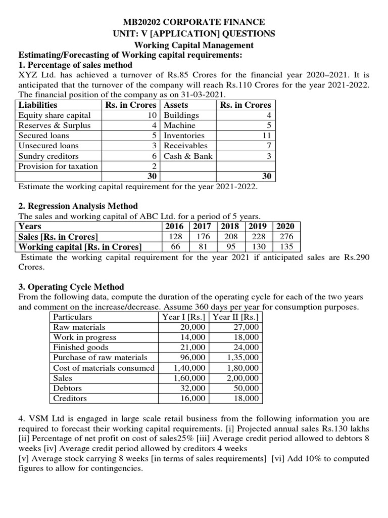 MB20202 CF Unit V Working Capital Management Application Questions ...