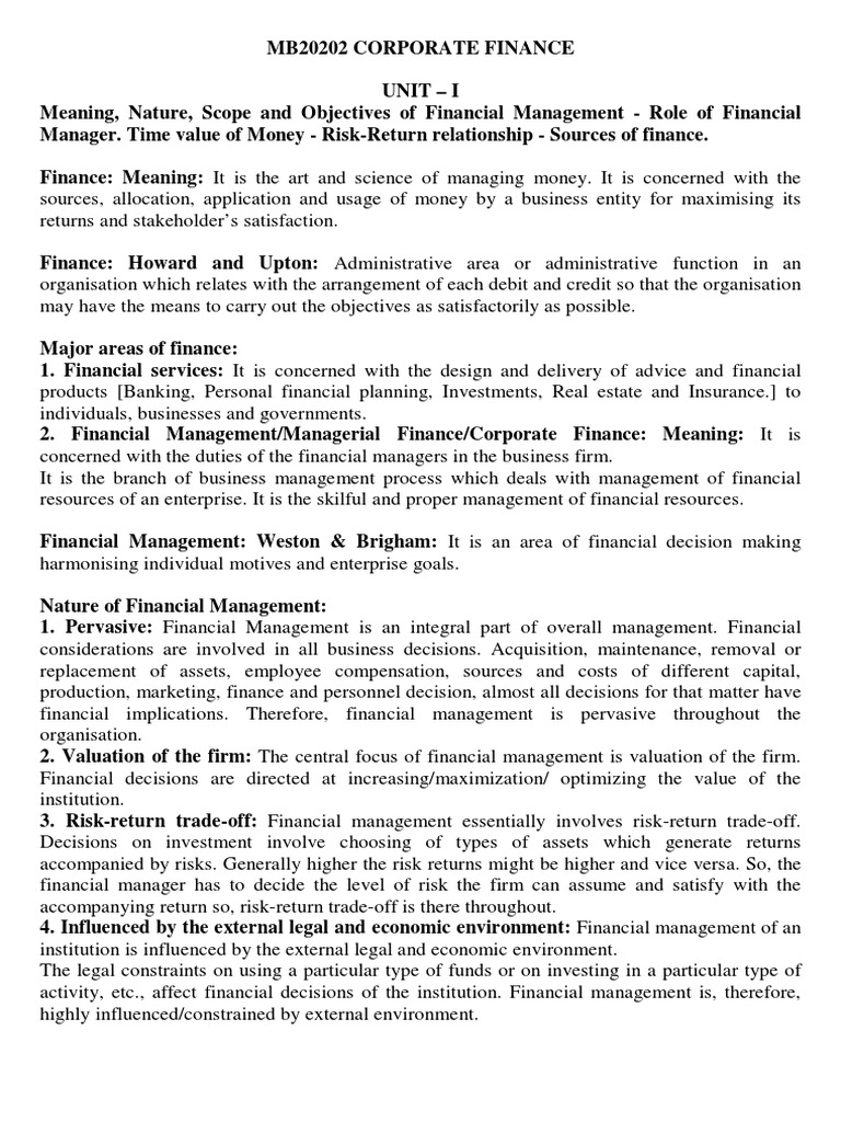 MB20202 Corporate Finance Unit I Study Materials | PDF | Loans | Stocks