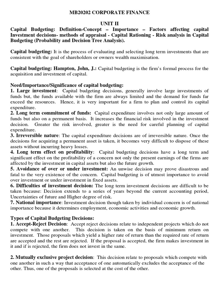 MB20202 Corporate Finance Unit II Study Materials | PDF | Net Present Value | Internal Rate Of ...
