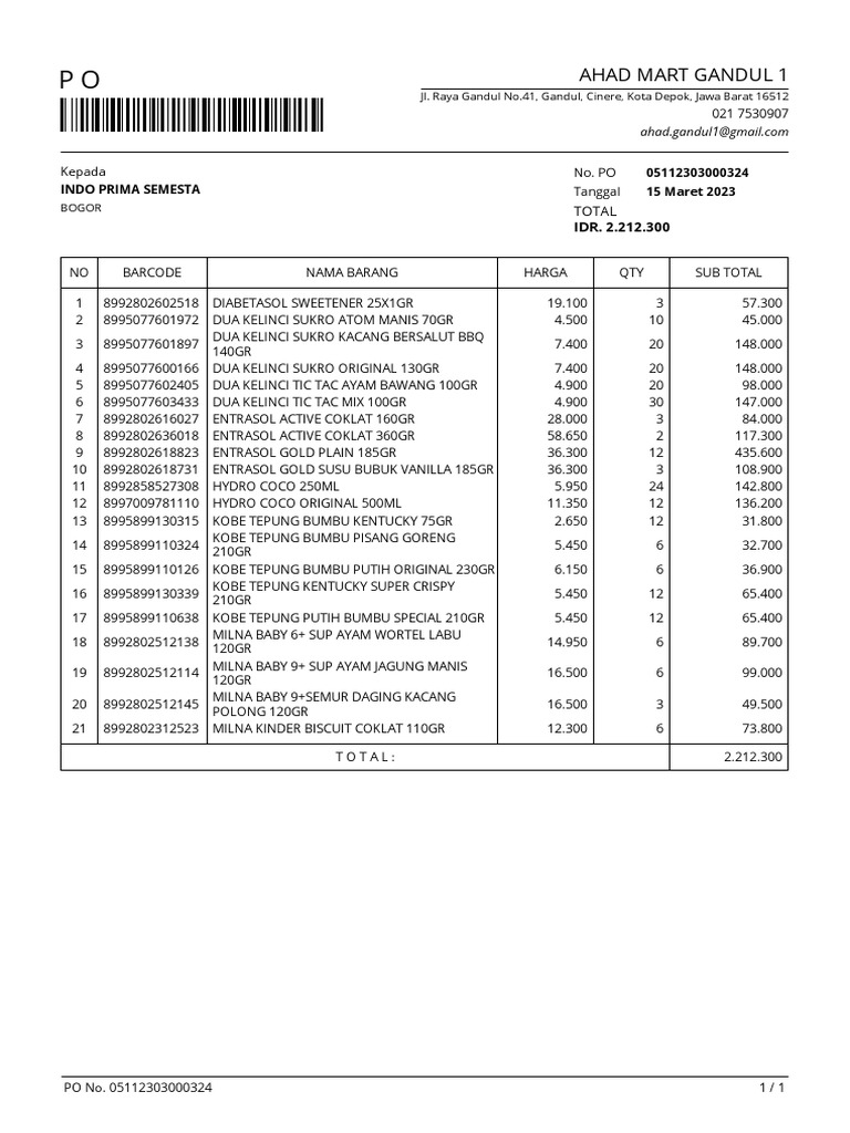Ahad Mart Gandul 1: Indo Prima Semesta 05112303000324 15 Maret 2023 | PDF