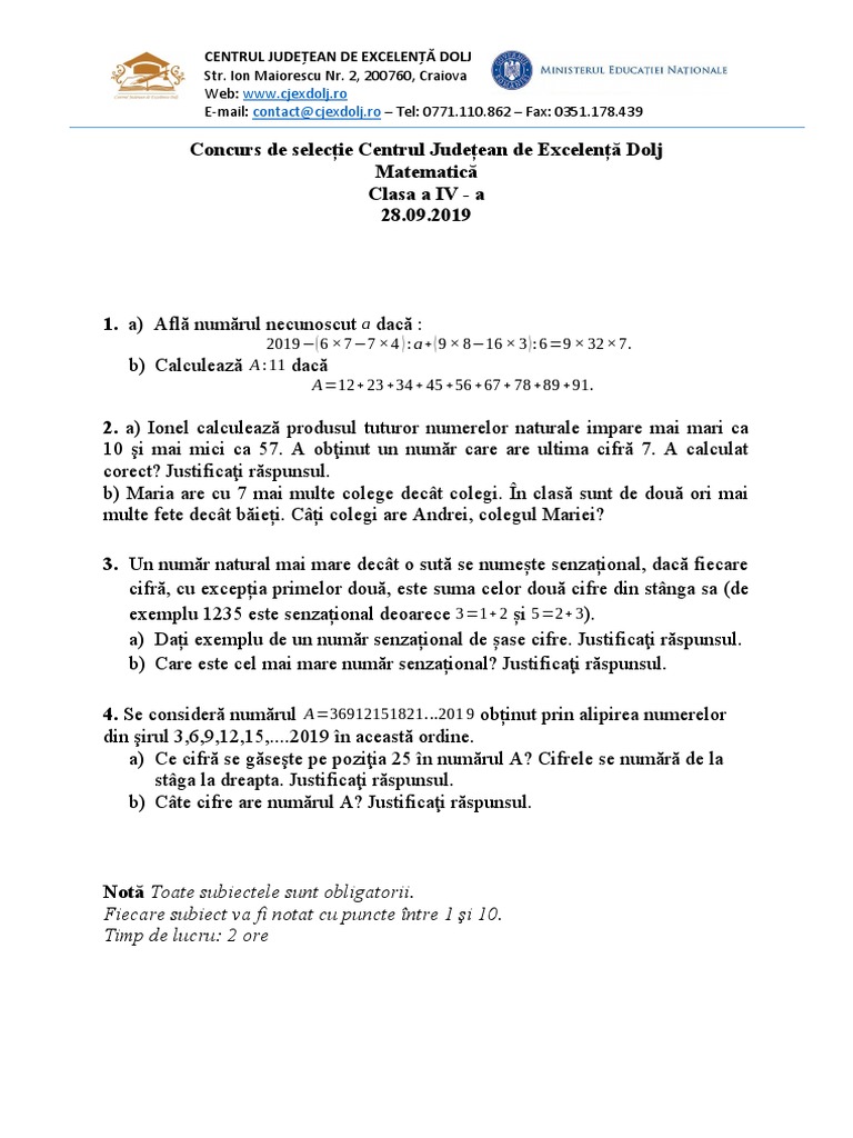 Matematica 4 Subiecte + Barem | PDF