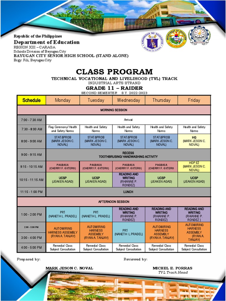 Class Program for Grade 11 Industrial Arts Students at Bayugan City ...