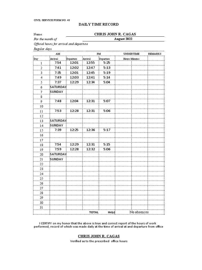 Civil Service Daily Time Records | PDF