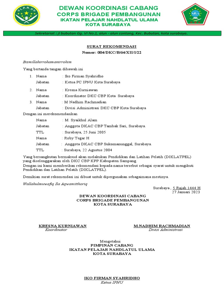 Surat Rekom Diklatpel | PDF