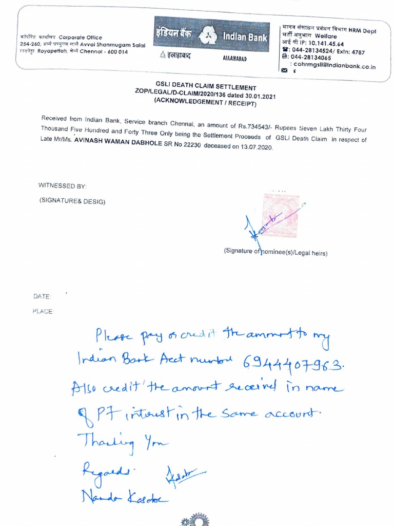 Acknowledgement of GSLI Claim Settlement Avinash Waman Dabhole | PDF