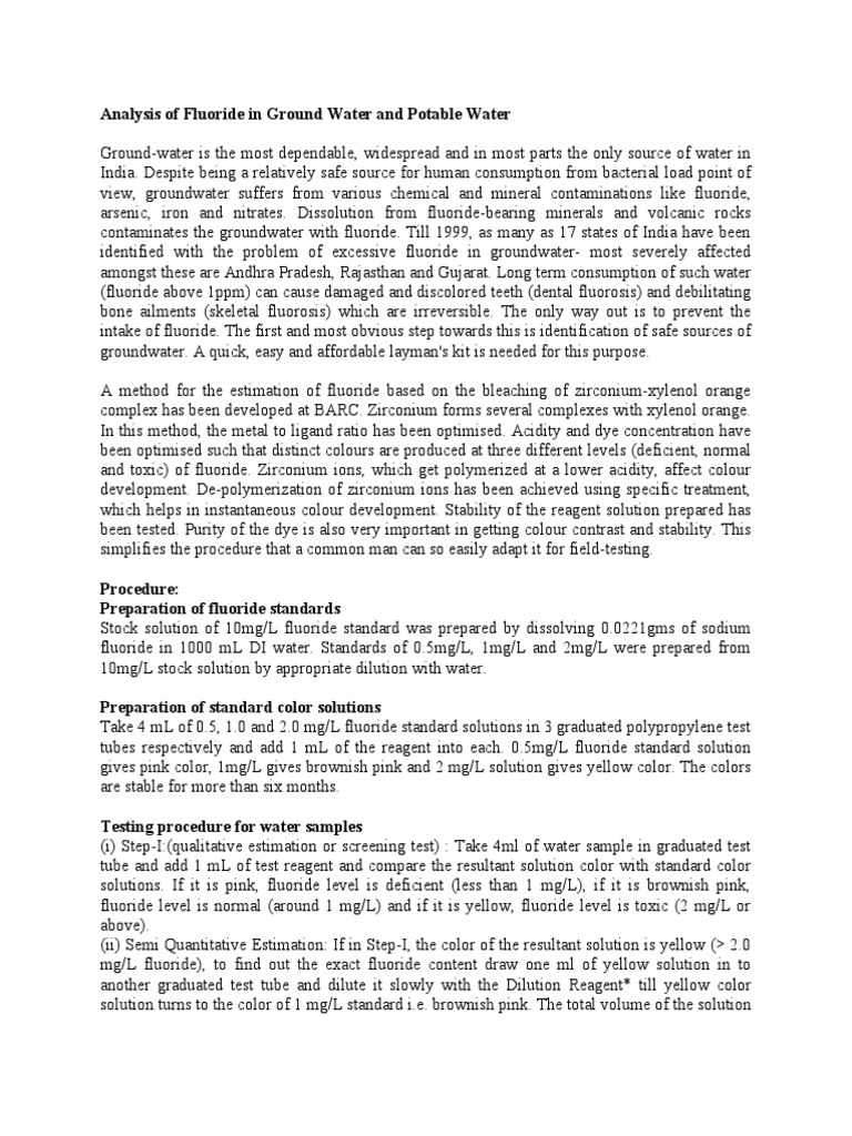 1 Analysis of Fluoride in Ground Water and Potable Water | PDF ...