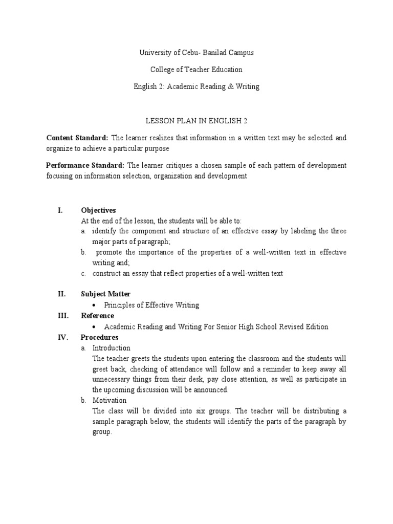 Principles of Effective Writing Lesson Plan | PDF | Essays | Teachers