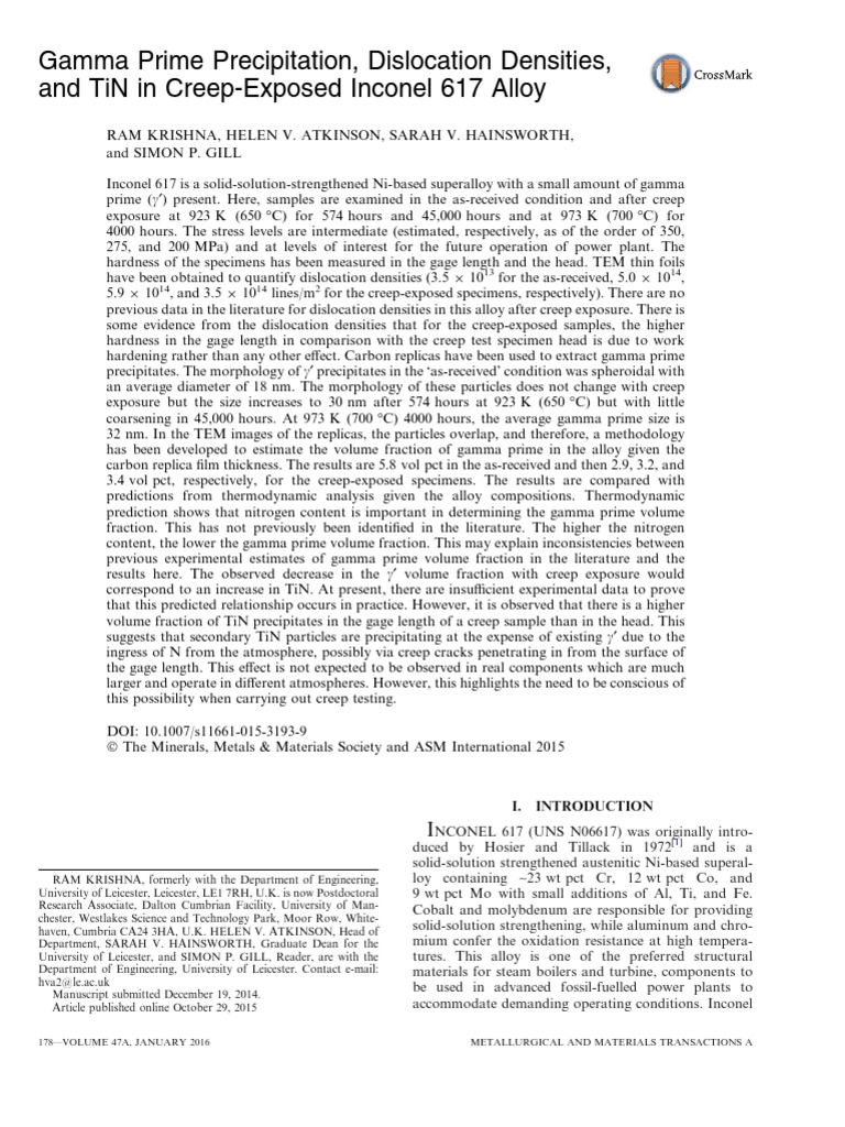 Gamma Prime Precipitation, Dislocation Densities, and Tin in Creep ...