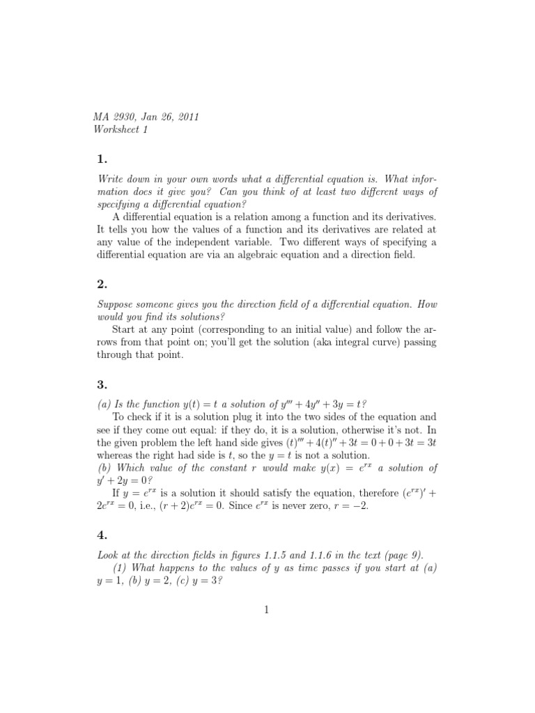 MATH 2930 - Worksheet 1 Solutions | PDF | Equations | Teaching Mathematics