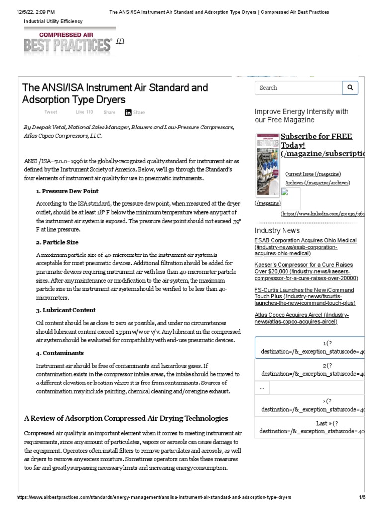 The ANSI - ISA Instrument Air Standard and Adsorption Type Dryers ...
