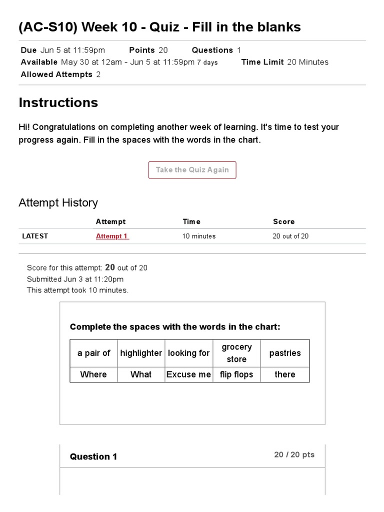 Completing the Weekly Quiz: Testing Progress and Filling in the Blanks ...