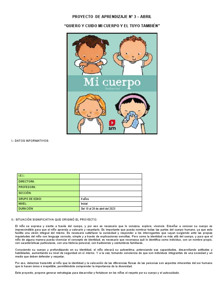 Proyecto de Aprendizaje #3 - Abril "Quiero Y Cuido Mi Cuerpo Y El Tuyo ...