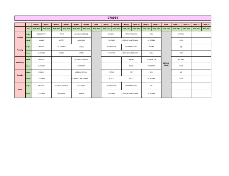 GRADE 9 Time Table | PDF