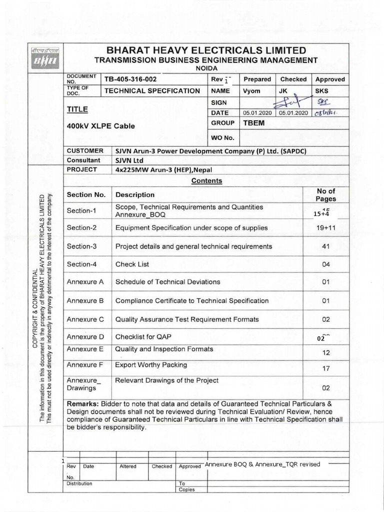 BHEL Cable Spec | PDF