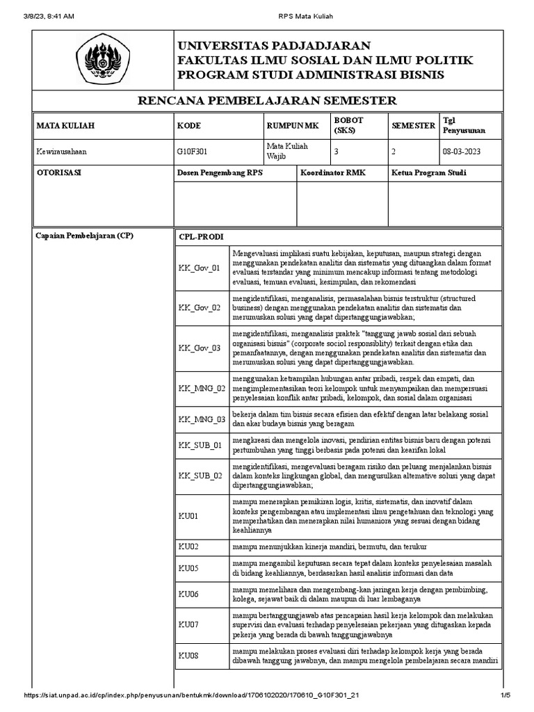 RPS Mata Kuliah Kewirausahaan | PDF
