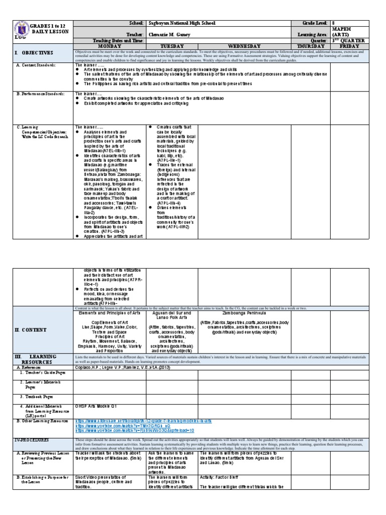 Dll-Mapeh Q3 Arts Week 2 | PDF | Learning | Teachers
