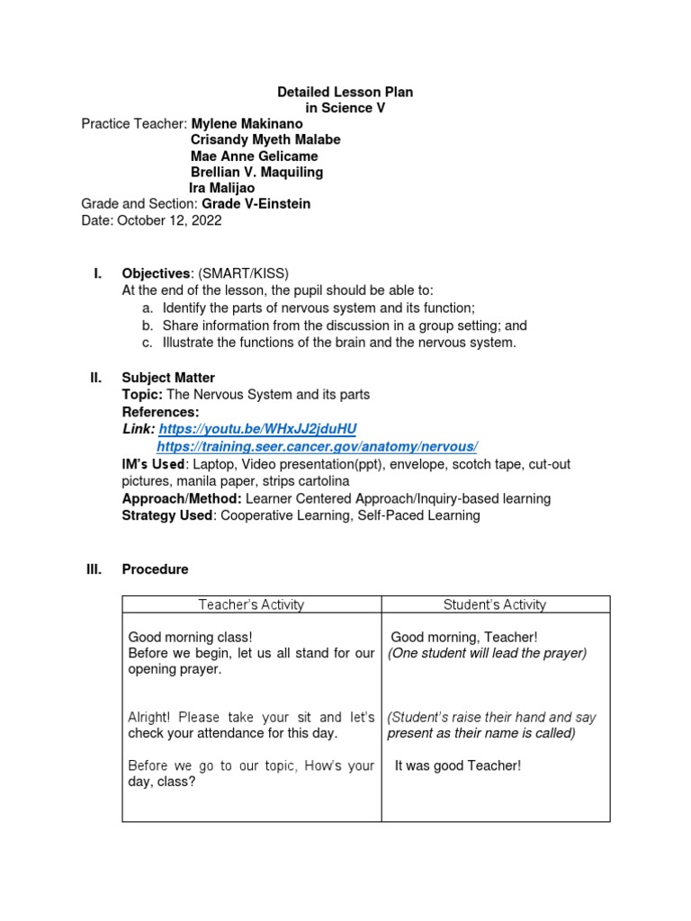 SciEd G3 - Detailed Lesson Plan - Final1.5 | PDF | Central Nervous ...