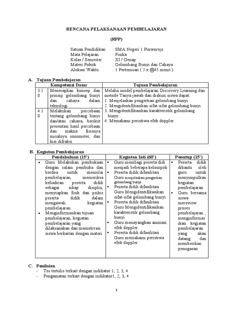 RPP Fisika: Gelombang Bunyi dan Cahaya | PDF