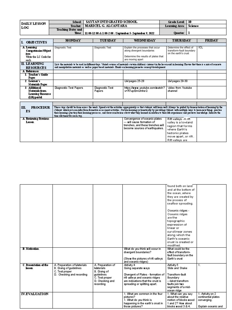 Grade 10 Science Daily Lesson Plan | PDF | Plate Tectonics | Tectonics