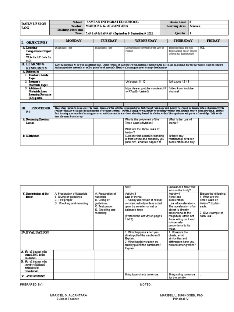 DAILY LESSON LOG Week 3 Science 8 | PDF | Force | Acceleration