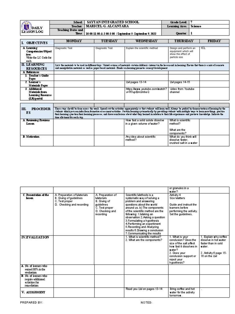 DAILY LESSON LOG Week 3 Science 7 | PDF | Learning | Scientific Method