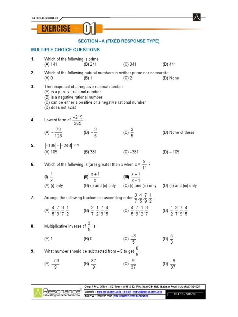 Exercise: Section - A (Fixed Response Type) Multiple Choice Questions | PDF | Mathematical ...