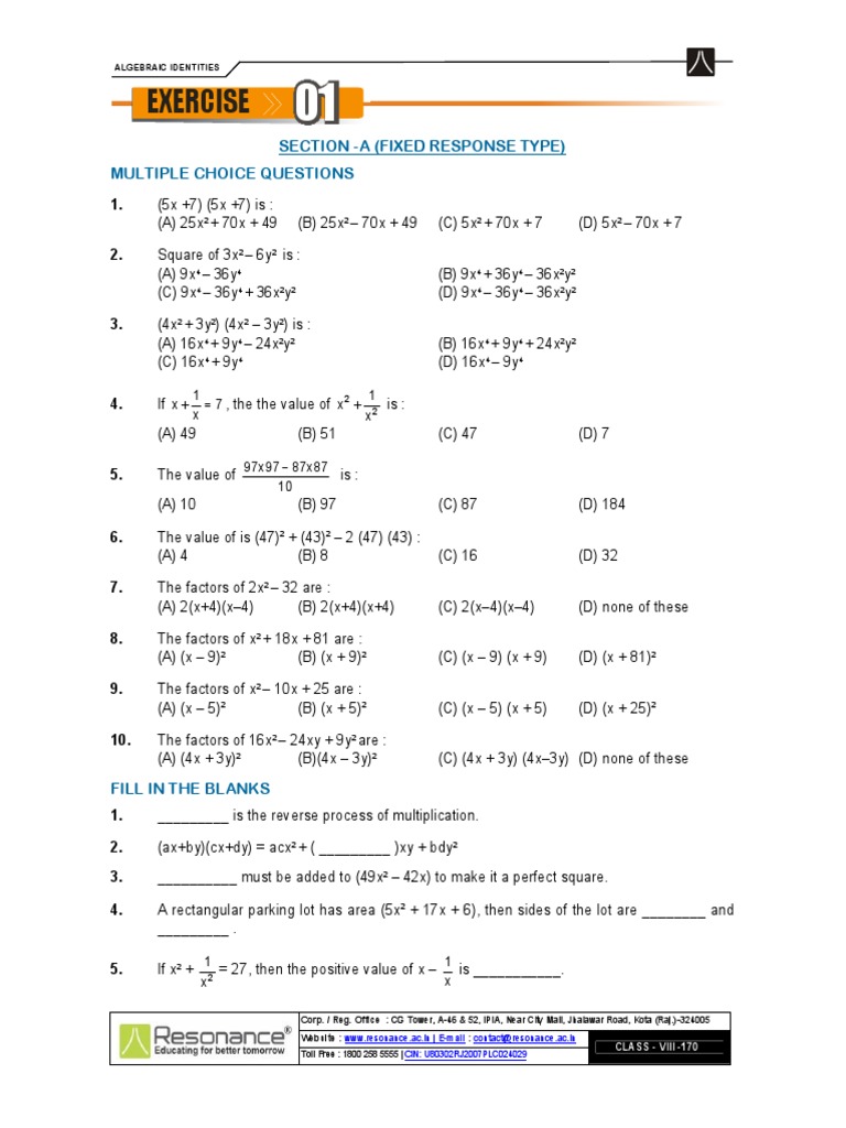9-Algebraic Identities Exercise gaX5H1u | PDF | Mathematics | Algebra