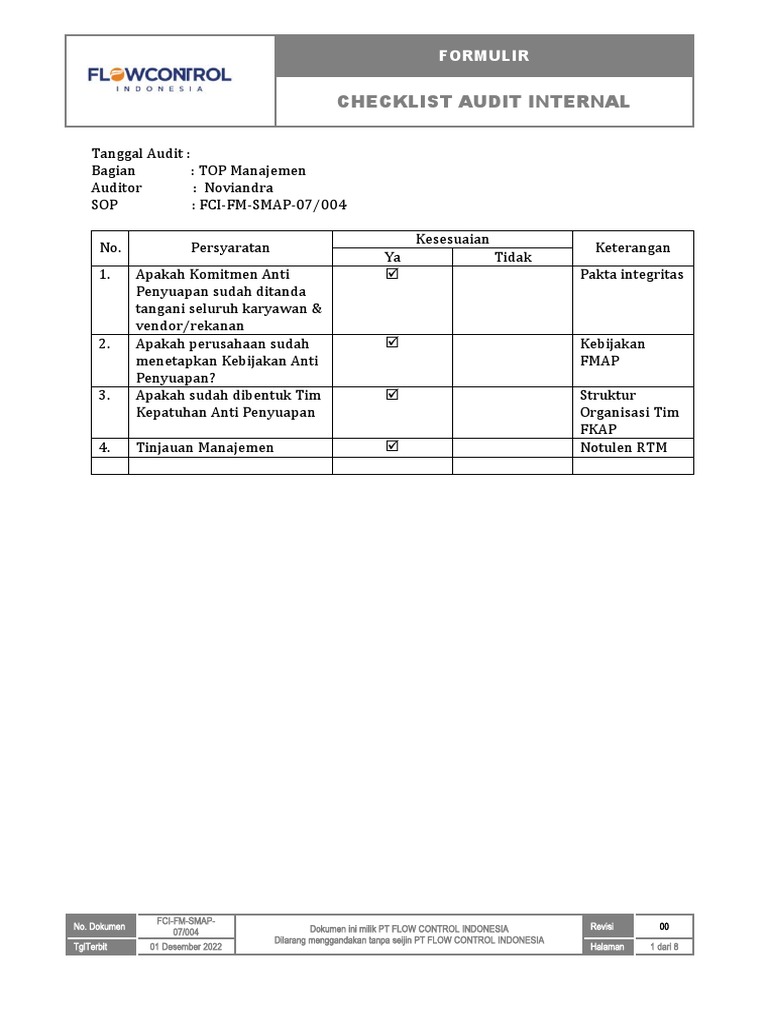 Checklist Audit Internal FCI 2022 | PDF