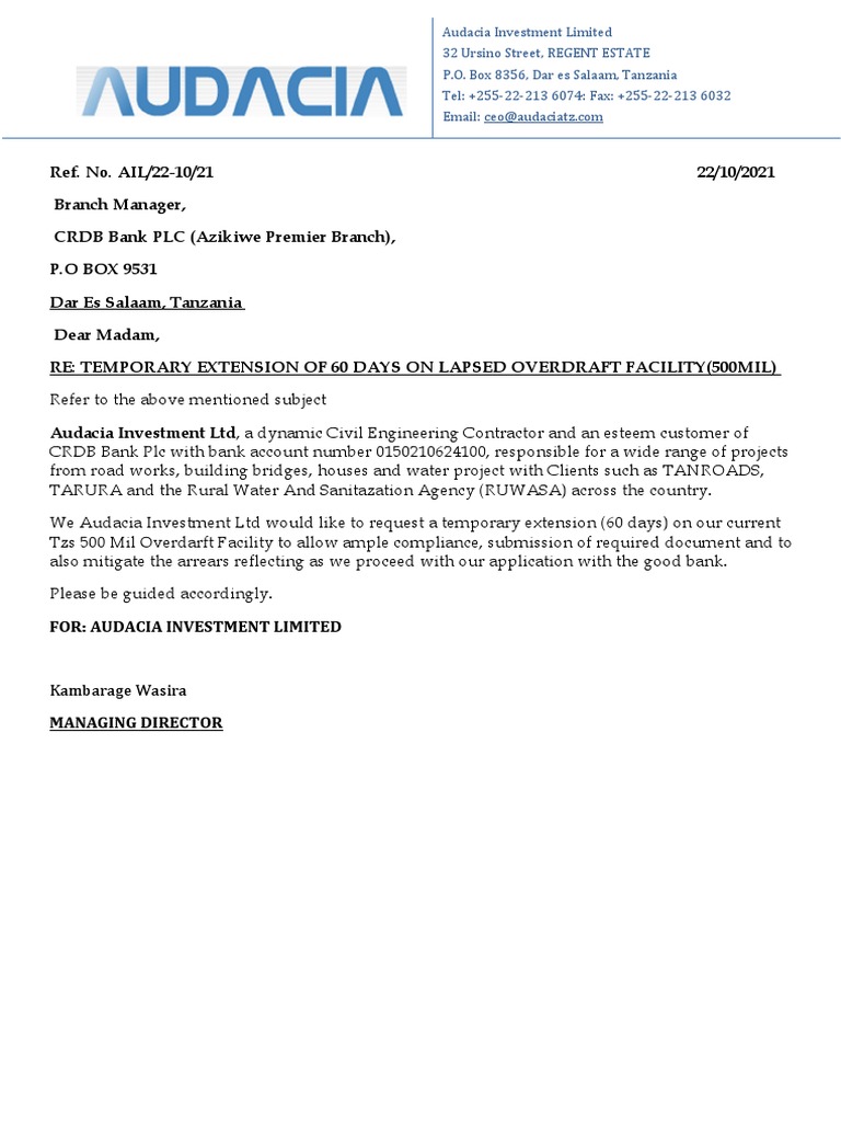 LETTER TO CRDB OD FACILITY 60 Day Extension | PDF