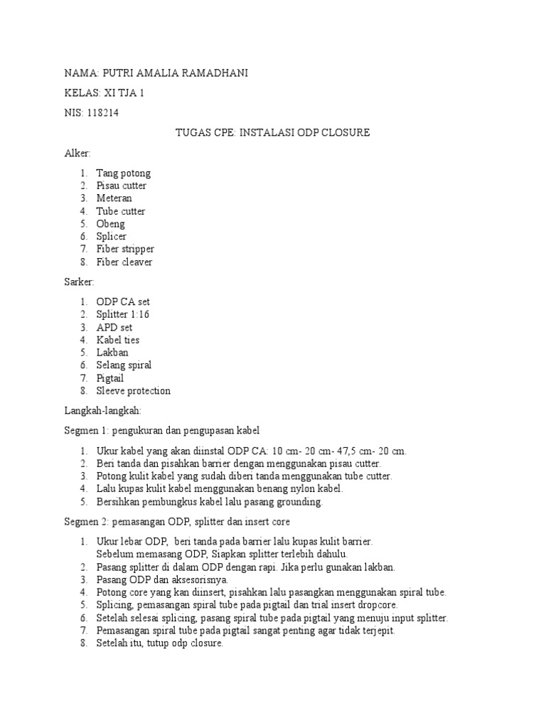 Instalasi ODP Closure Kelas XI TJA 1 | PDF
