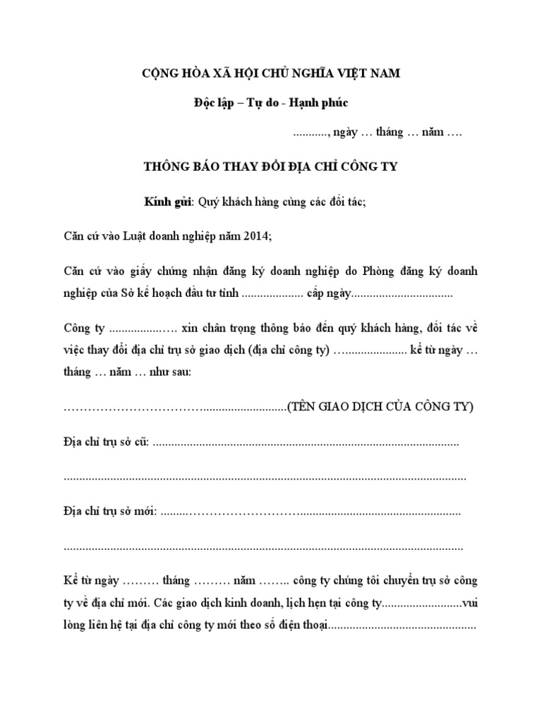 4.soan Mau Thong Bao Thay Doi Dia Chi Cong Ty Gui Khach Hang | PDF