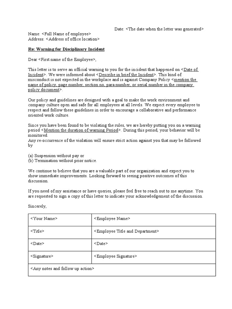 Official Warning Letter for Misconduct and Violation of Company Policy ...