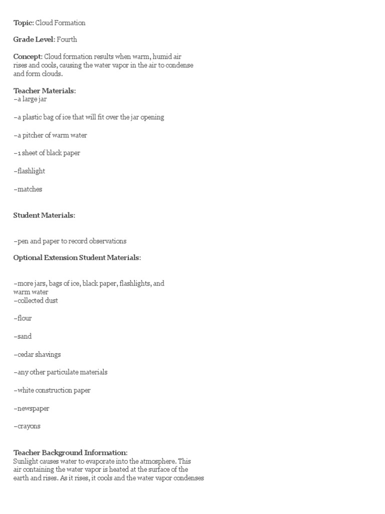 Cloud Formation Experiment for Kids | PDF | Cloud | Water Vapor