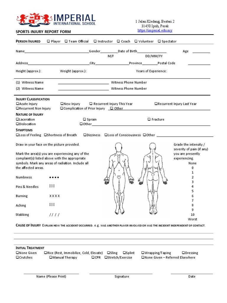 Sports Injury Report Form Template | PDF | Injury | Nervous System
