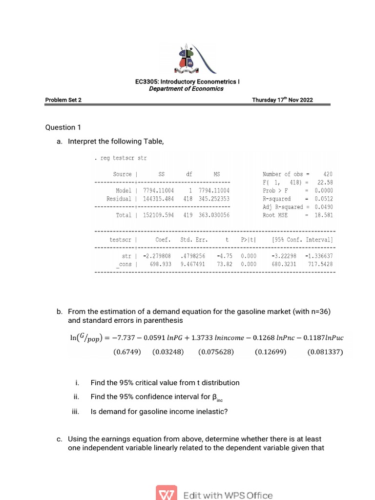 Econometrics Problem Set 2 Analysis | PDF